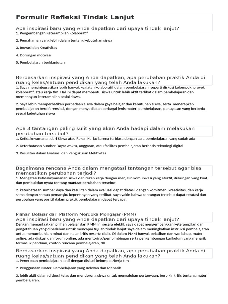 Formulir Refleksi Tindak Lanjut | PDF