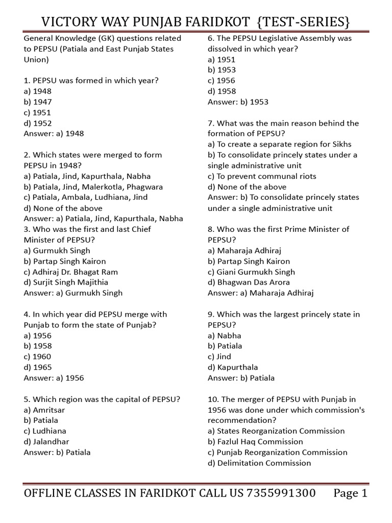 Pepsu Punjab GK MCQ For PSSSB High Level | PDF | Punjab | Indian Religions