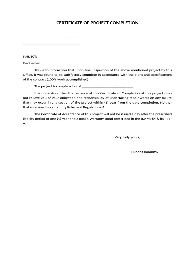 Certificate of Project Completion | PDF