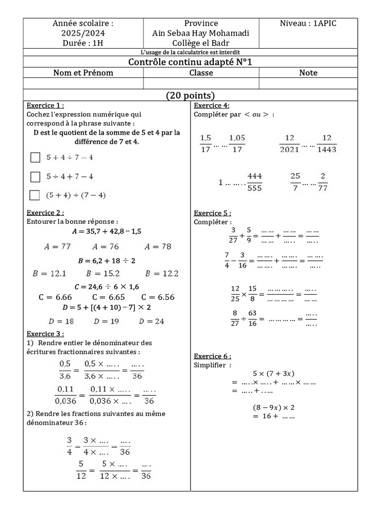 Contrôle de maths 1APIC 2025 | PDF | Arithmétique | Mathématiques