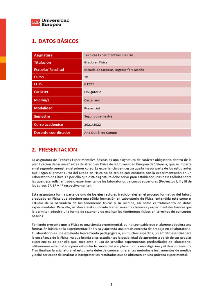 Guia Docente Técnicas Experimentales Básicas 2021 2022 | PDF | Aprendizaje | Laboratorios