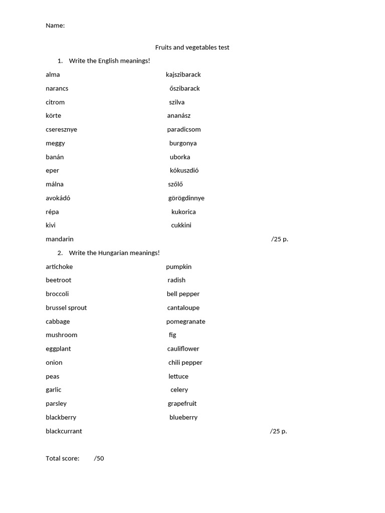 Fruits and Vegetables Test | PDF