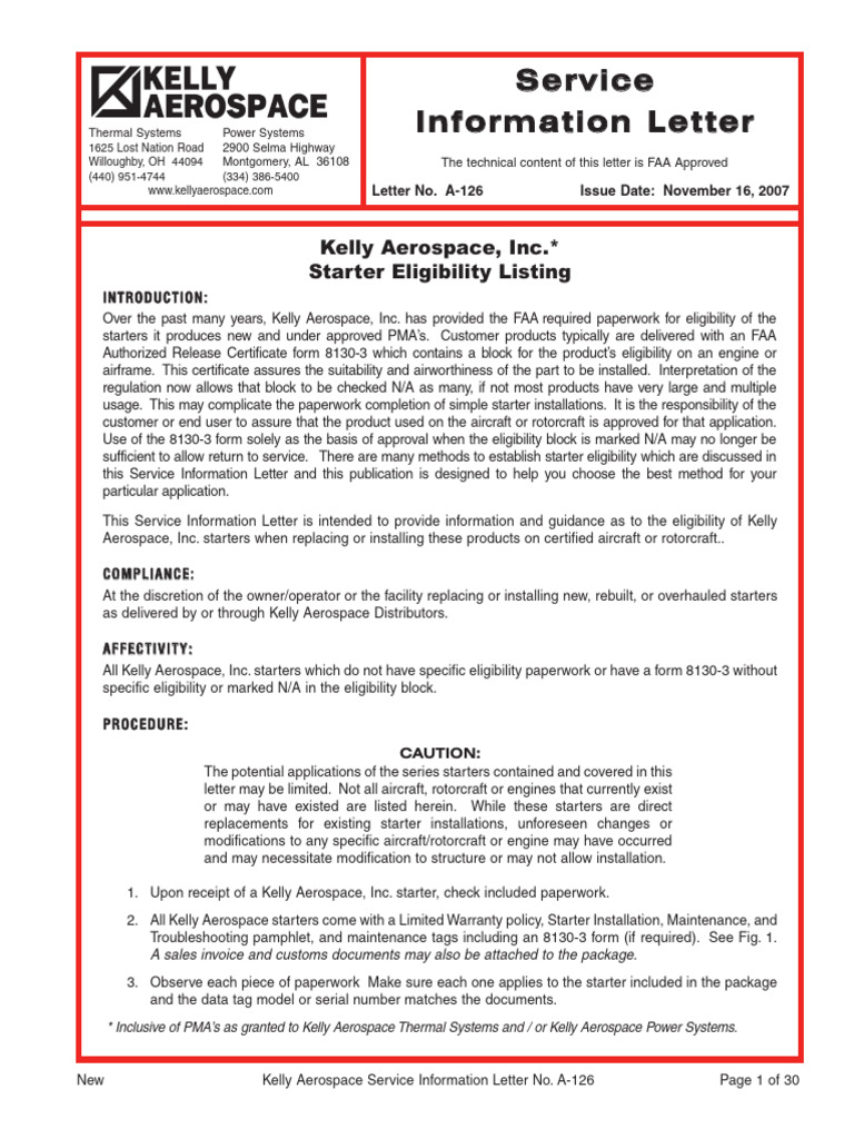Service Info Letters - Kelly Aerospace, Inc. Starter Elicibility ...
