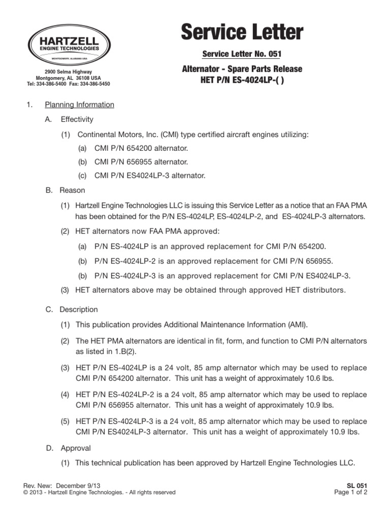 HET Alternator PMA Approval Notice | PDF | Manufactured Goods