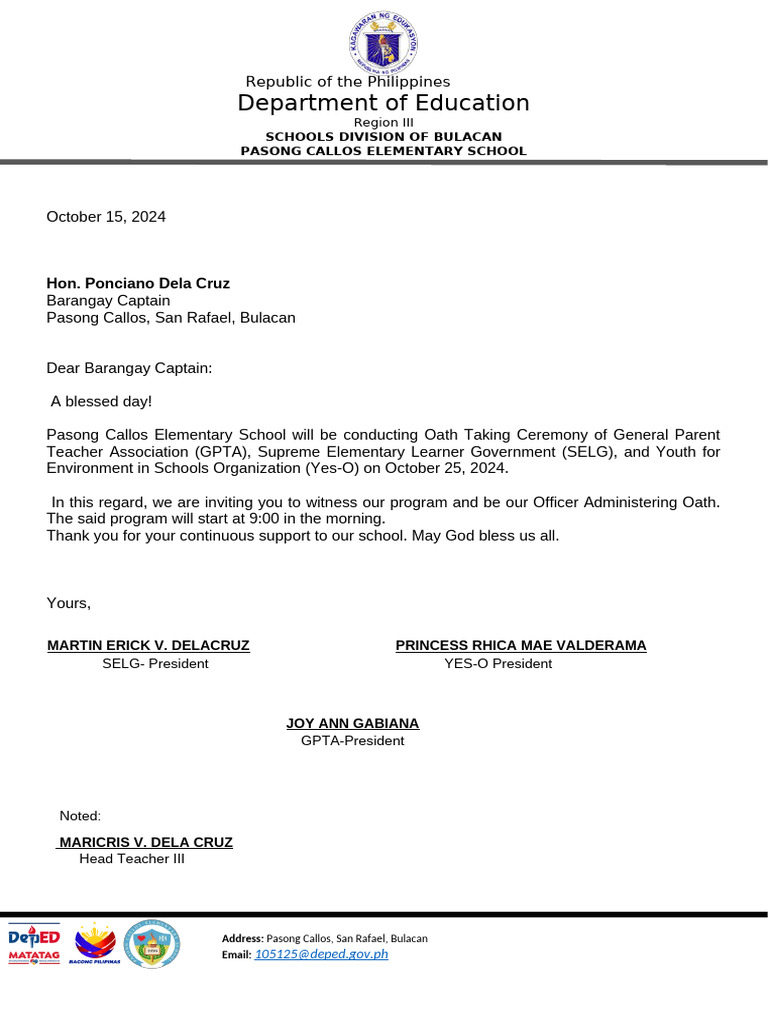 INVITATION LETTER Oath Taking | PDF | Philippines