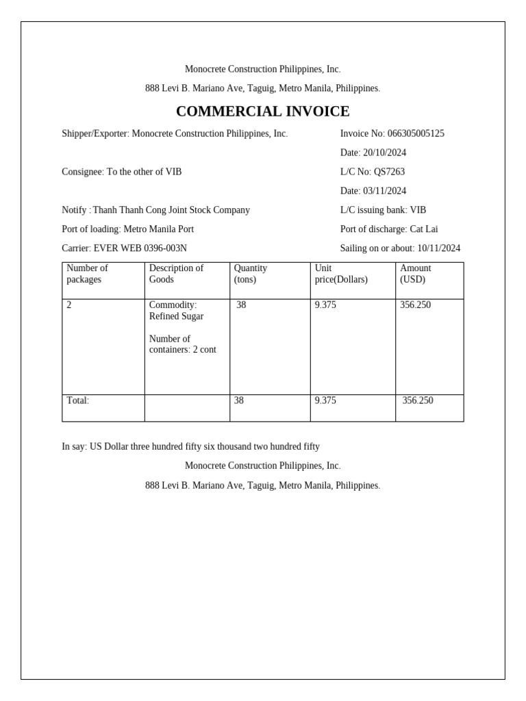 Monocrete Invoice for Refined Sugar Shipment | PDF