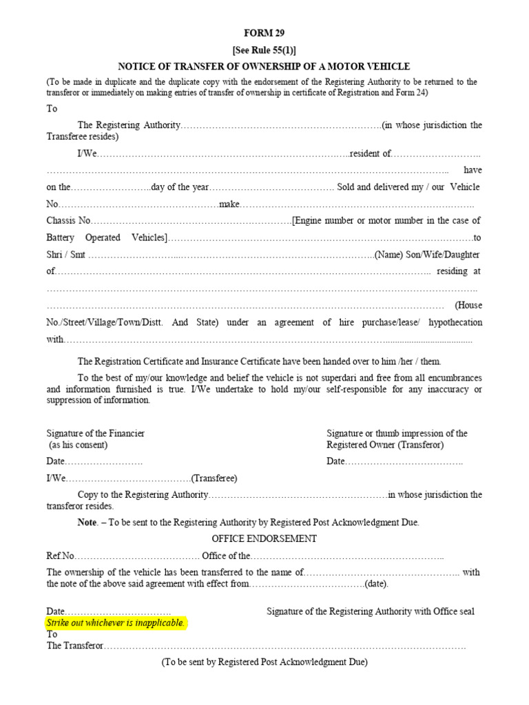 Form 29 (See Rule 55 (1) ) Notice of Transfer of Ownership of A Motor ...