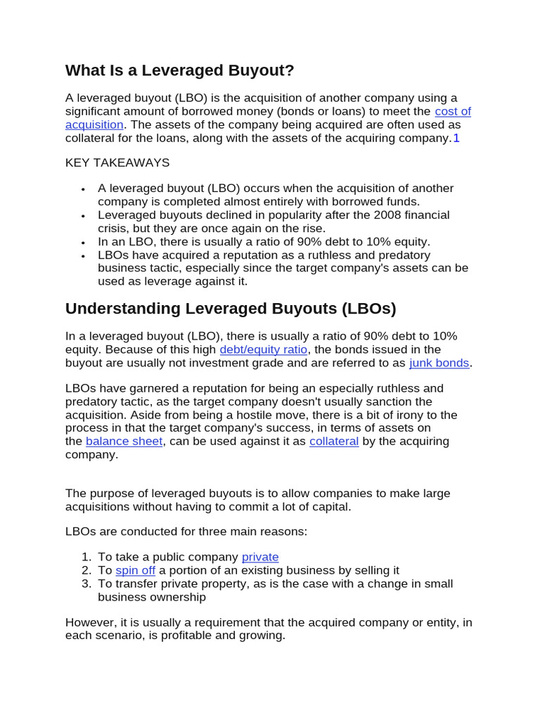 Understanding Leveraged Buyout | PDF | Leveraged Buyout | Leverage (Finance)