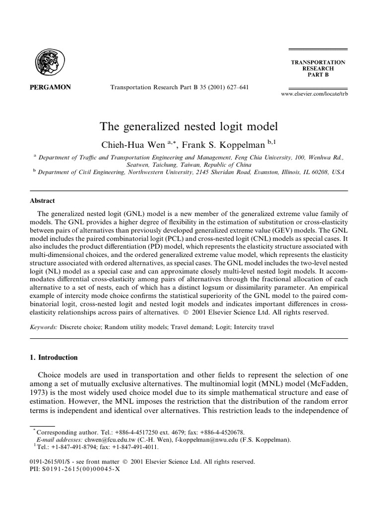 The Generalised Nested Logit Model Pdf Applied Mathematics Statistical Theory