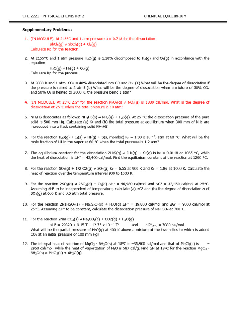 Supplementary Problems - Chemical Equilibrium | PDF | Chemical ...