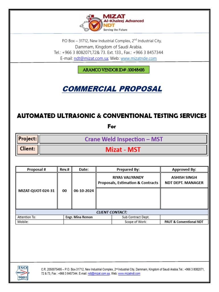 Proposal-QUOT-24-031-MST-Mizat - PAUT, MUT, PT, UT Services | PDF ...