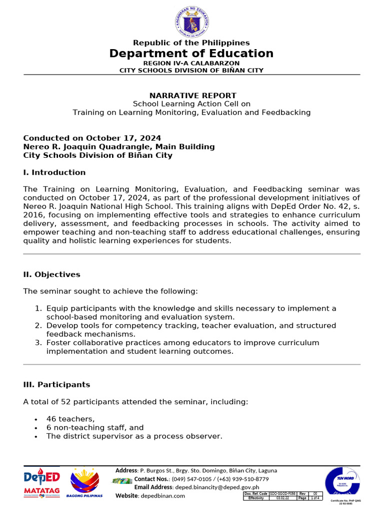 Narrative Report On Slac Monitoring | PDF | Evaluation | Behavior Modification
