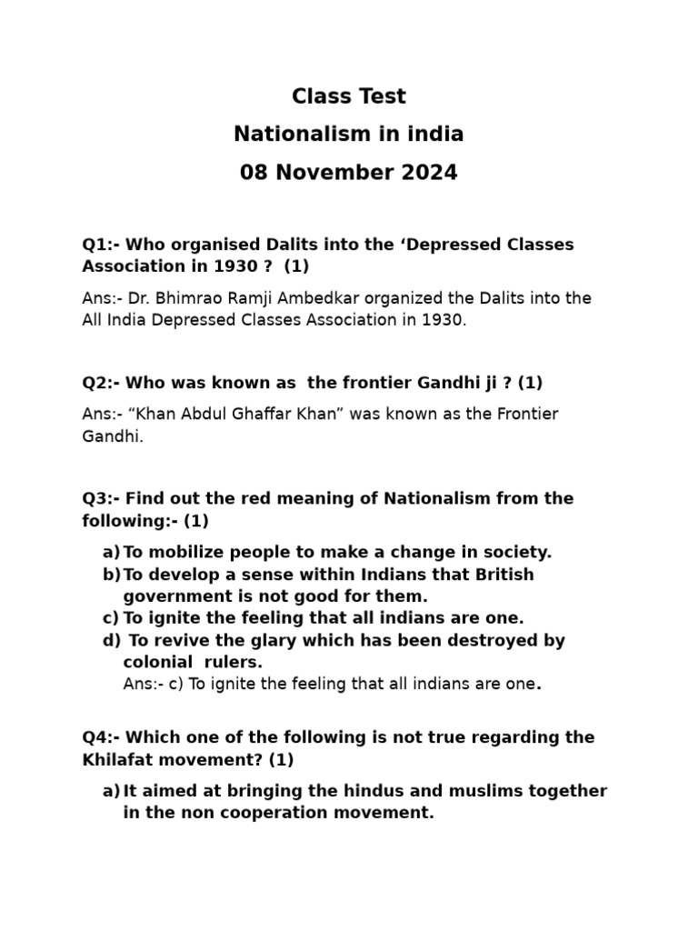 Nationalism in India (Answer Key) by Gulshan XB | PDF | Mahatma Gandhi ...