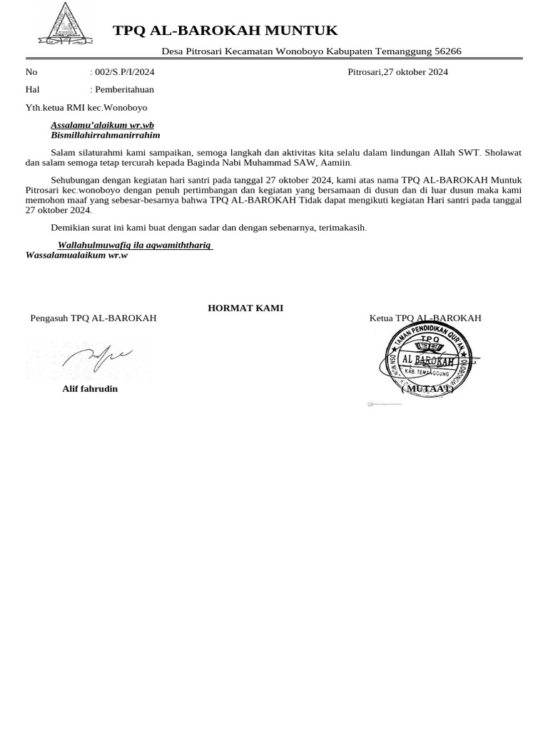 Surat Ijin TPQ Al Barokah | PDF