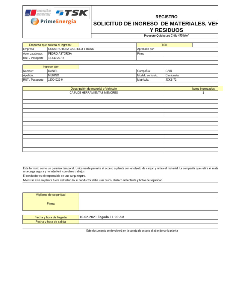 Solic Ingreso TSK | PDF