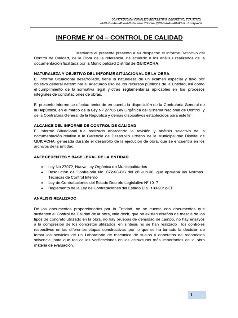 Informe de Control de Calidad en Quicacha | PDF