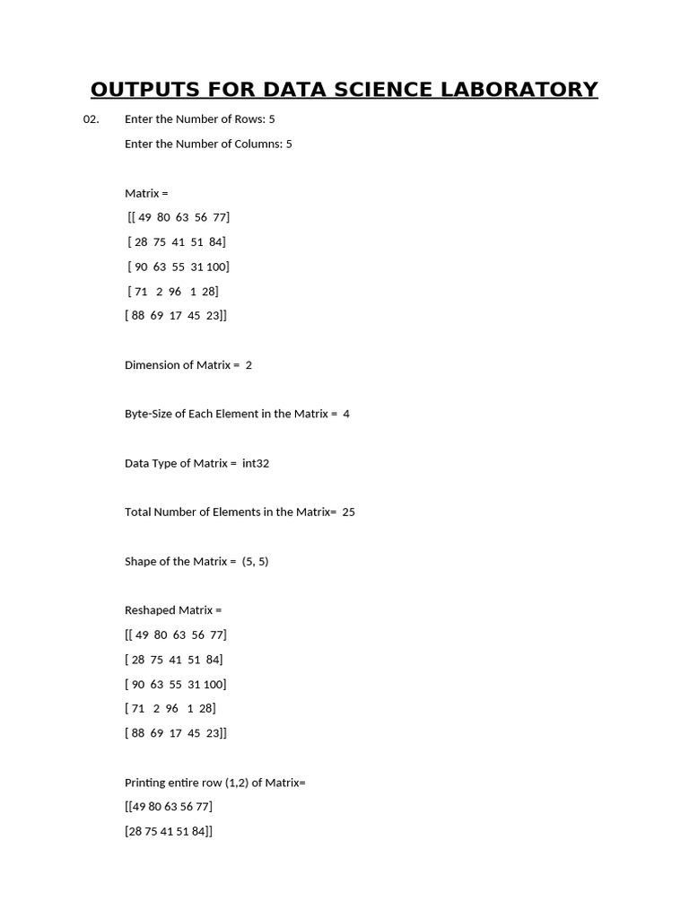 Outputs For Data Science Laboratory | PDF | Matrix (Mathematics) | Algebra
