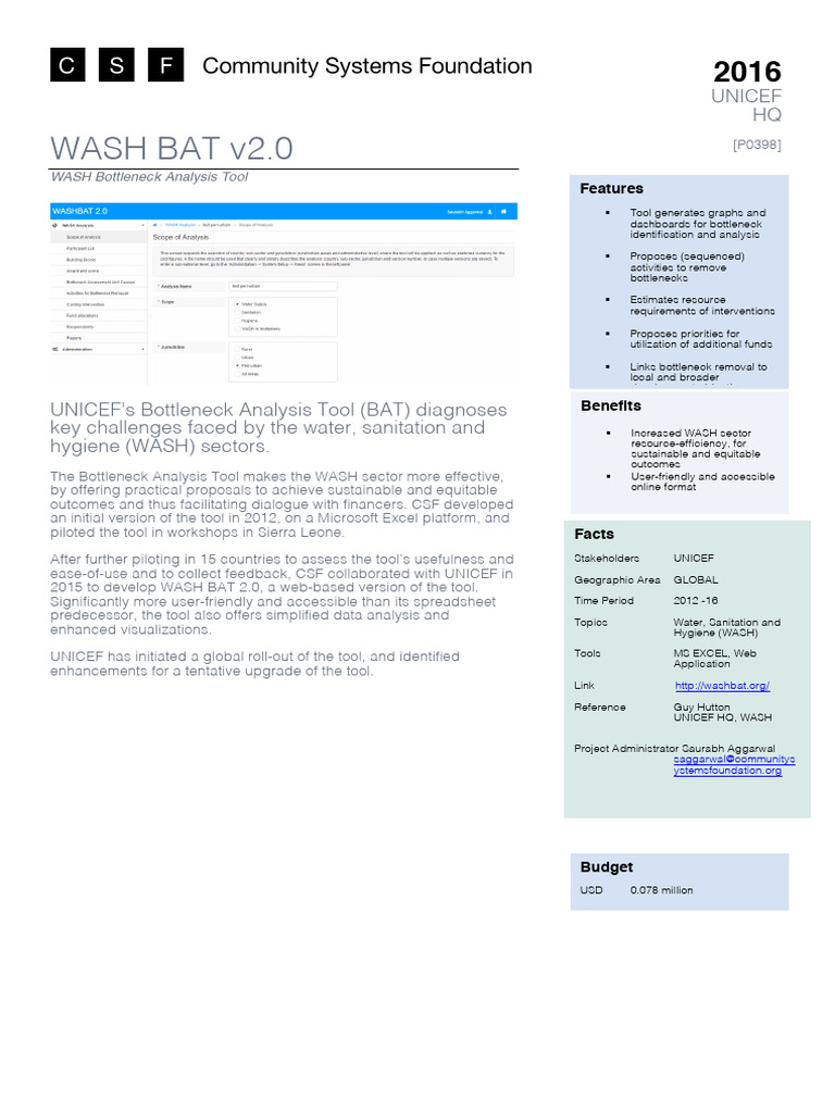 (p0398) Unicef HQ Wash Bat v2.0 | PDF | Wash | Microsoft Excel
