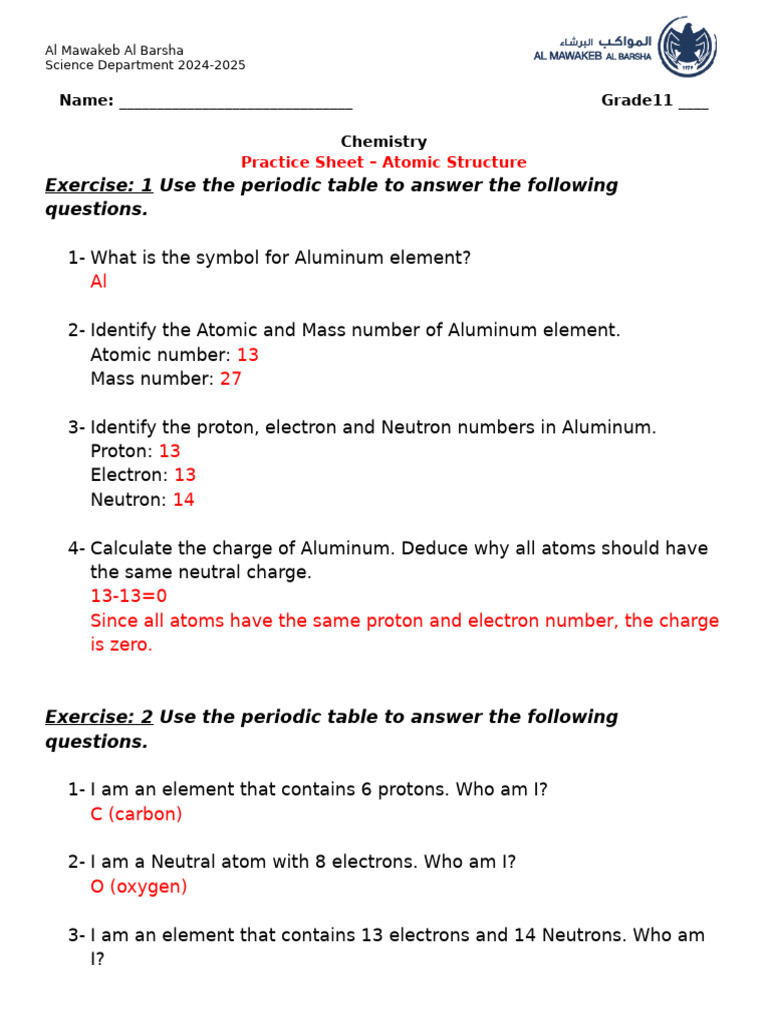 Practice Sheet - Atomic Structure | PDF | Chemical Elements | Atoms