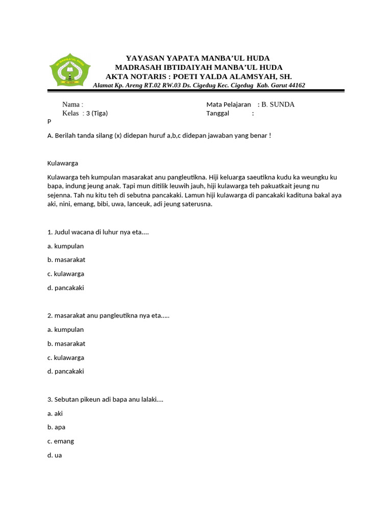 10.soal PAS Bhs. Sunda Kelas 3 Semester 1 | PDF