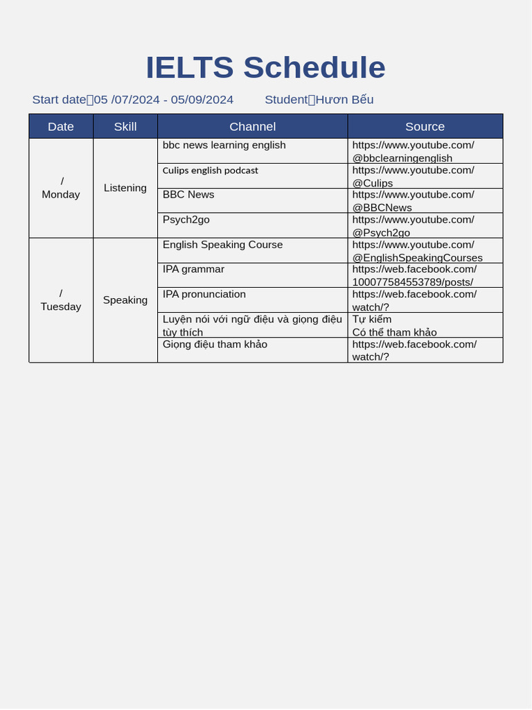 IELTS Schedule For Listening and Speaking | PDF