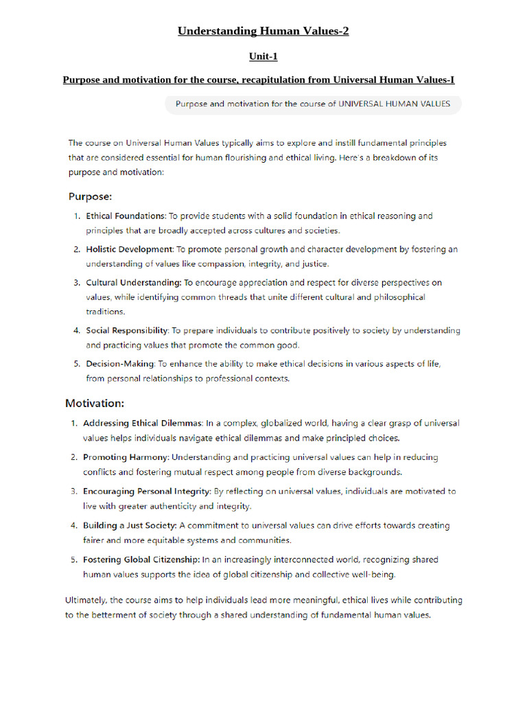 Understanding Human Values-2: Unit-1 Purpose and Motivation For The Course, Recapitulation From ...
