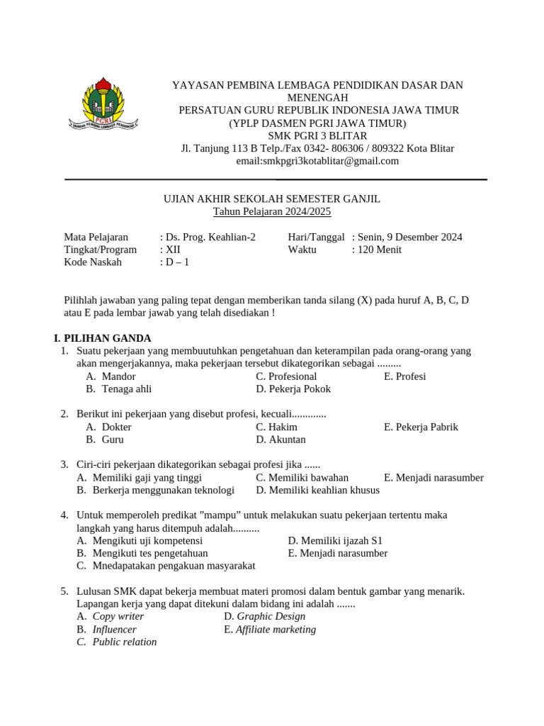 Soal Gabung Job Profile Dan k3 X BDP 2024-2025 | PDF