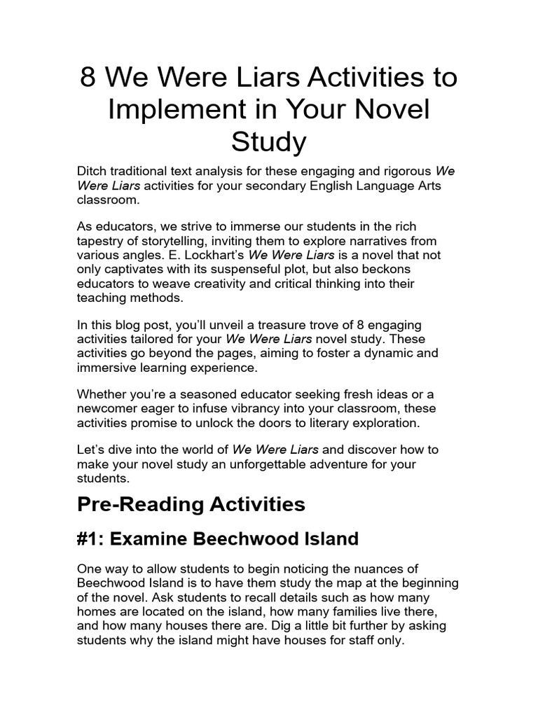 8 We Were Liars Activities To Implement in Your Novel Study | PDF ...