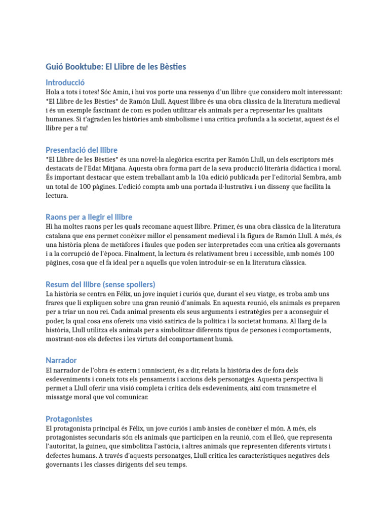 Guió Booktube El Llibre de Les Bèsties | PDF