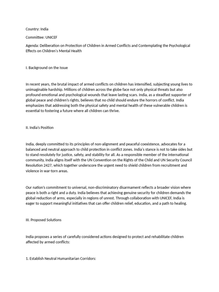Position Paper of India (UNICEF) | PDF | Peace | Mental Health