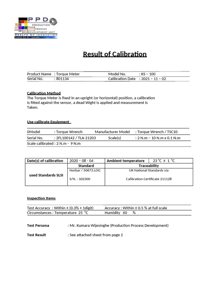 Torque Meter Calibration Report | PDF | Calibration | Metrology