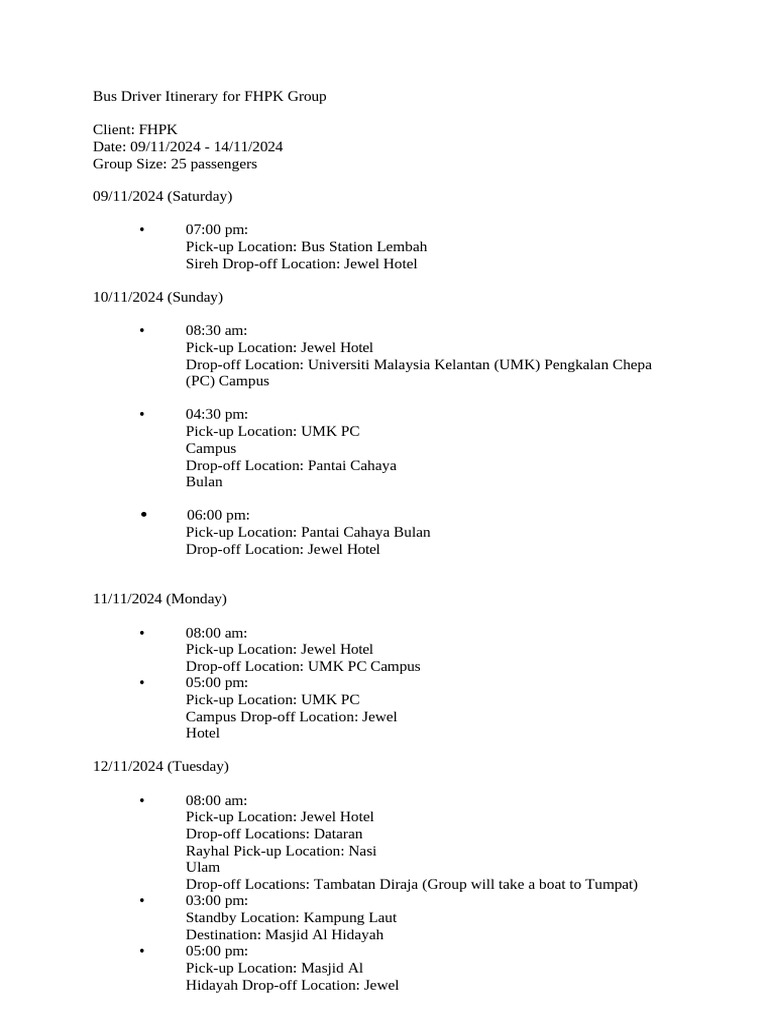 Bus Itinerary | PDF