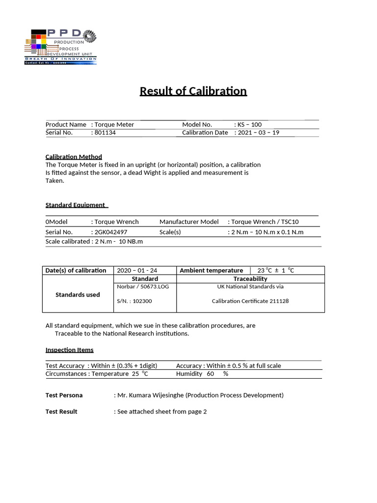 Calibration Report for Torque Meter TSC10 | PDF | Calibration | Metrology