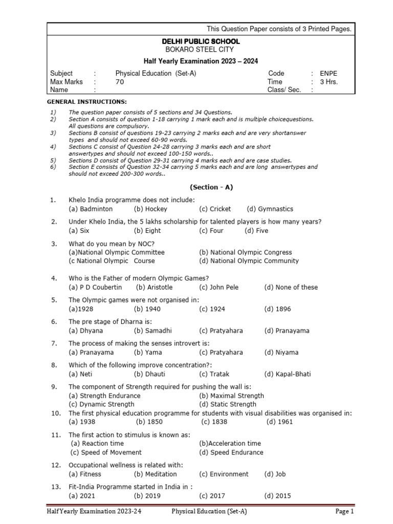 Physical Education Half Yearly Exam 2023-24 | PDF | Olympic Games