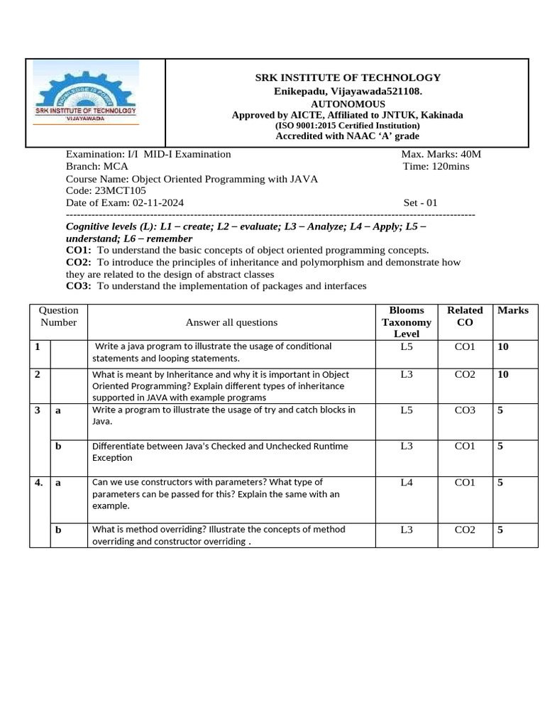 Oops Mid 1 QP | PDF | Class (Computer Programming) | Method (Computer Programming)