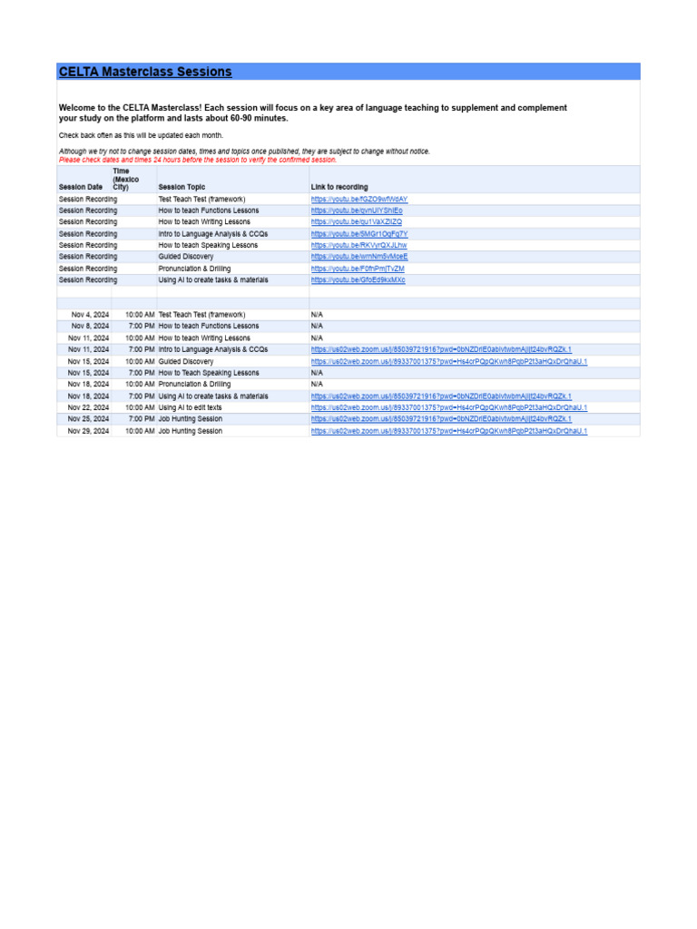 Masterclass Schedule - CELTA Masterclass Schedule | PDF | Learning