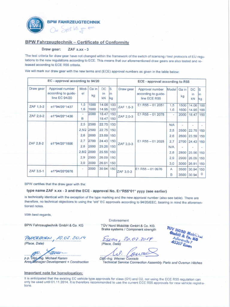 Likvärdighetsintyg 94 20 EG - ECE R55 | PDF