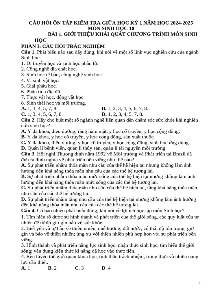 Đề Cương Gk1 Sinh 10 Hs | PDF