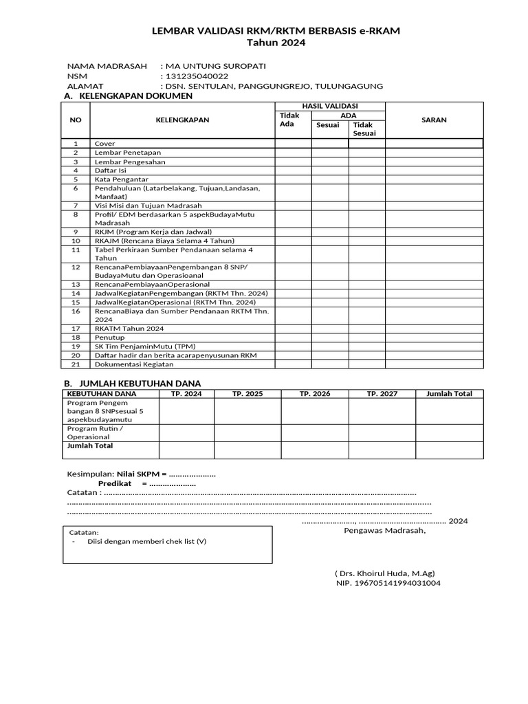 Lembar Validasi RKTM Dan RKJM-RKM - 2024 | PDF