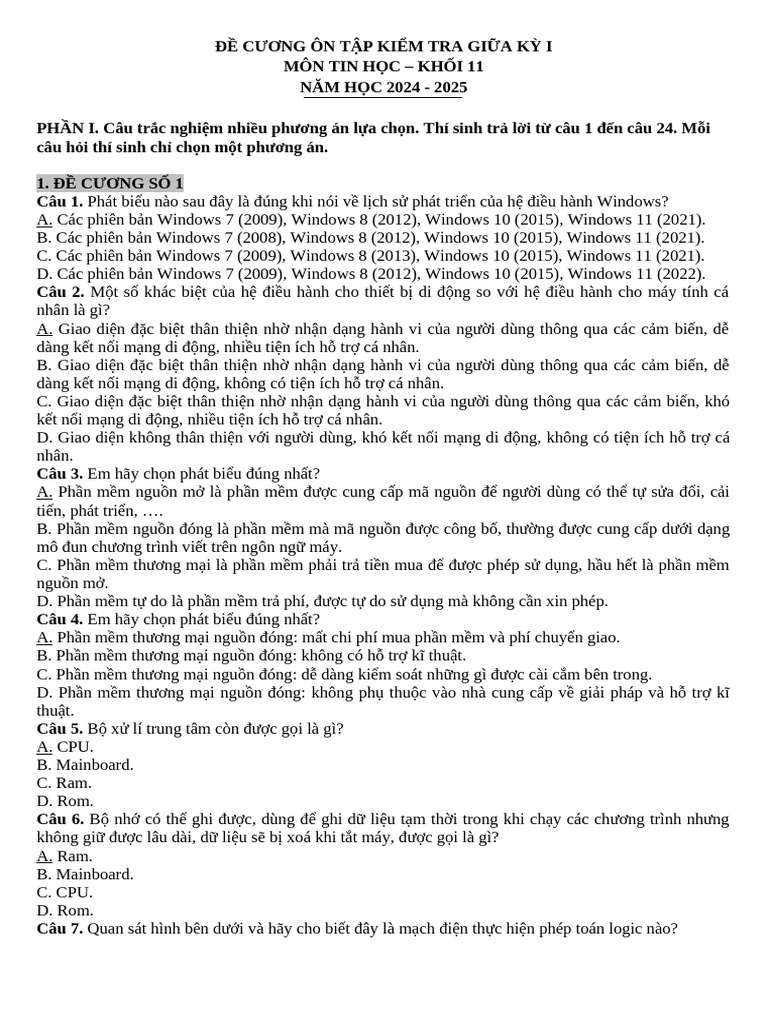 Tồng Hợp - Đề Cương KTGK.I - K11 | PDF