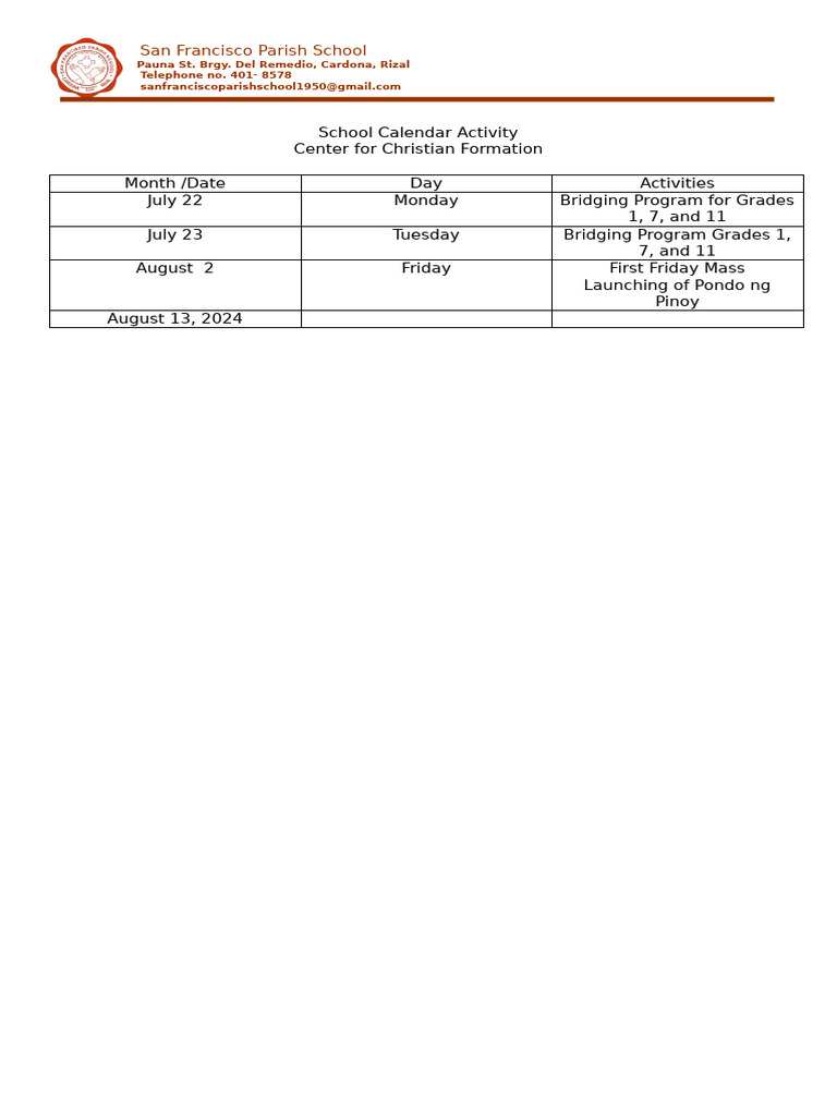 CCF Calendar of Activities | PDF
