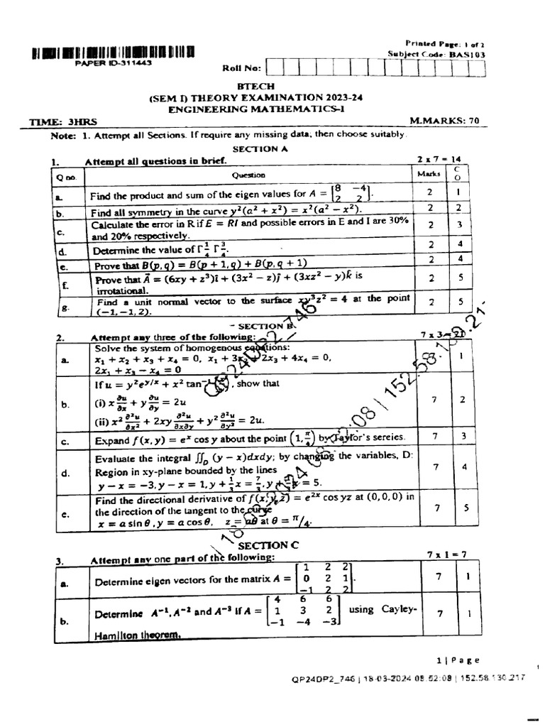 Engineering Mathematics - BAS103 | PDF