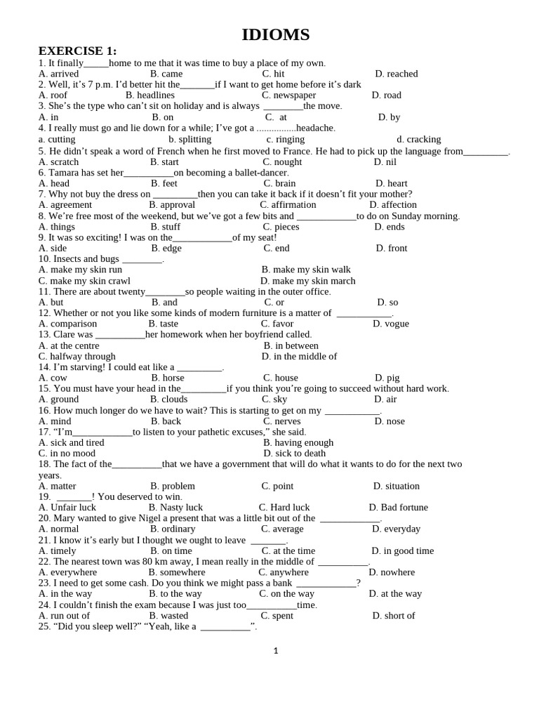 Idioms Exercise for Language Learners | PDF