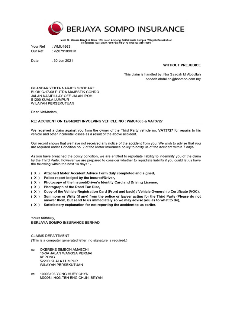 Wmu4663 Letter To Insured | PDF | Driving | Transport