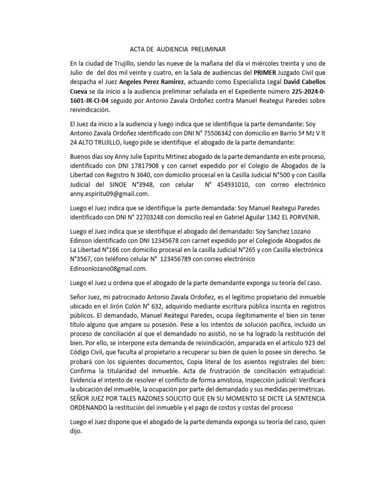 Acta de Audiencia Preliminar Anny | PDF | Demanda judicial | Ley procesal