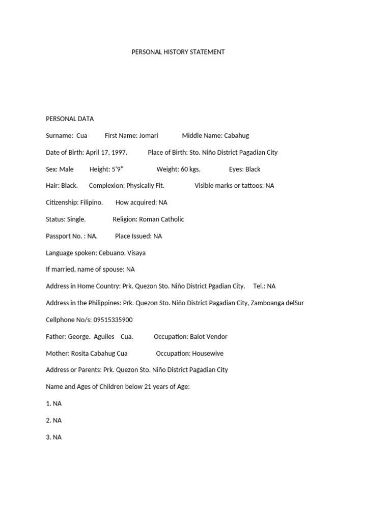 Personal History Statement of Jomari Cua | PDF