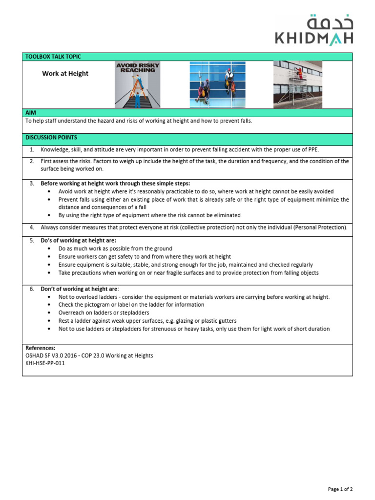Work at Height - Toolbox Talk | PDF | Risk | Occupational Safety And Health
