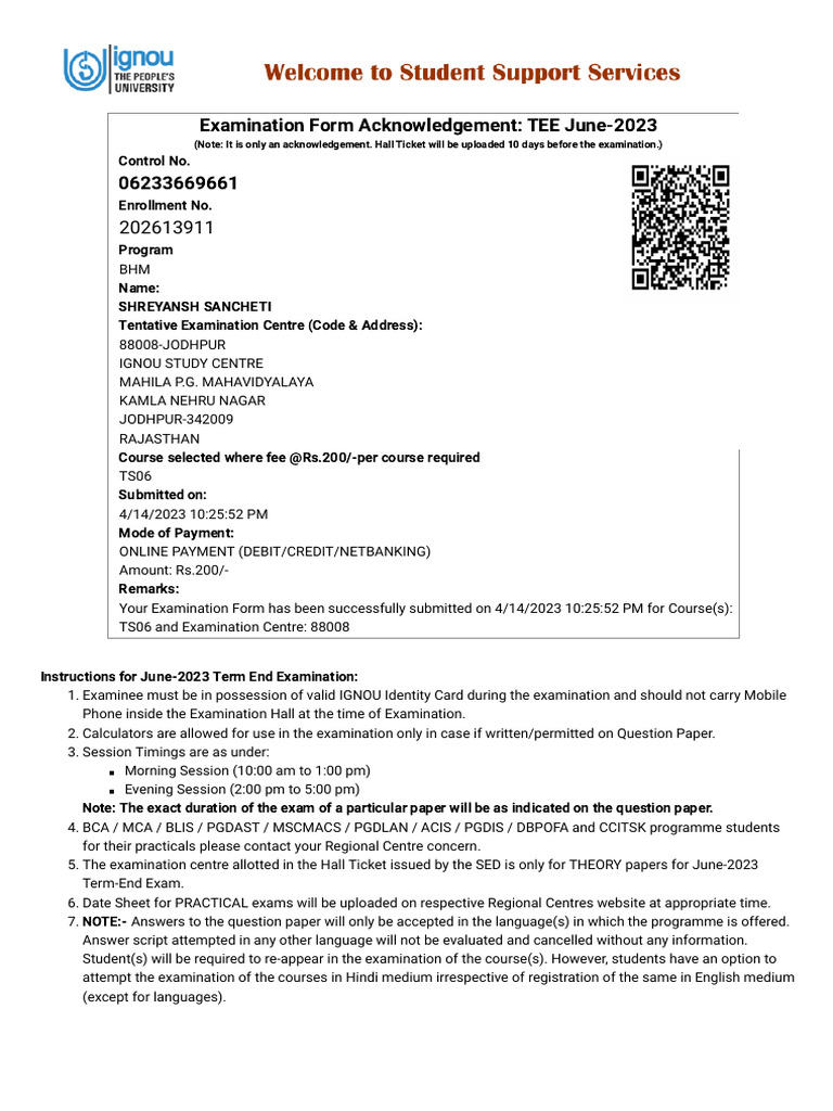 IGNOU - Examination Form Acknowledgement 001 | PDF | Banking Technology ...