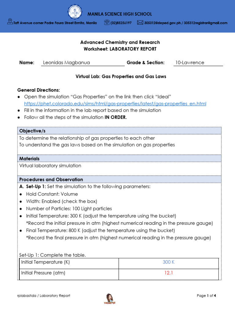 Gas Laws Virtual Lab Report | PDF | Gases | Temperature