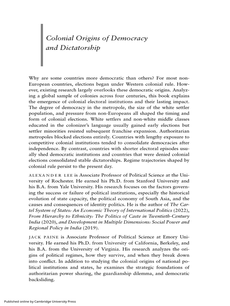Colonial Origins of Democracy and Dictatorship (Alexander Lee, Jack ...
